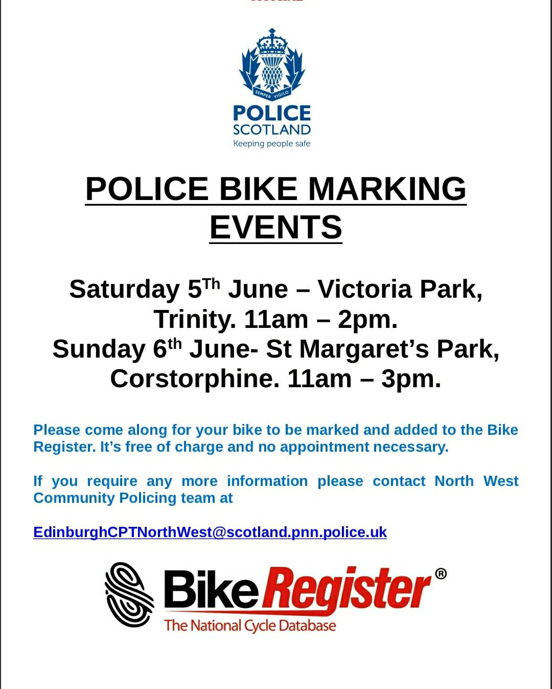 Bike marking events this weekend – The NEN – North Edinburgh News